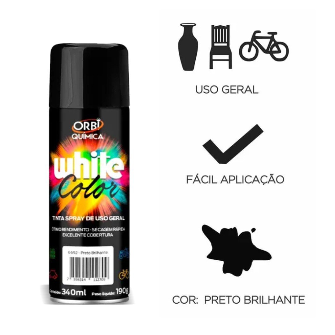 Tinta Spray White Color Uso Geral Preto Brilhante 340ml - 3 Peças ...