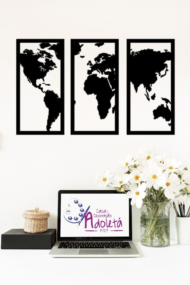 Conjunto de Quadros Mapa Mundi em MDF 3 mm Preto - Trio Quadros Mapa ...