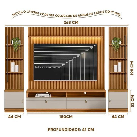 Rack Com Painel Para Tv Até 75 Polegadas Com 2 Módulos Laterais Led 2 Portas Linea Brasil Nature ...