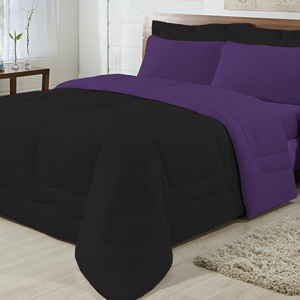 Edredom Casal Queen Dupla Face 05 Peças Roxo com Preto - Carrefour