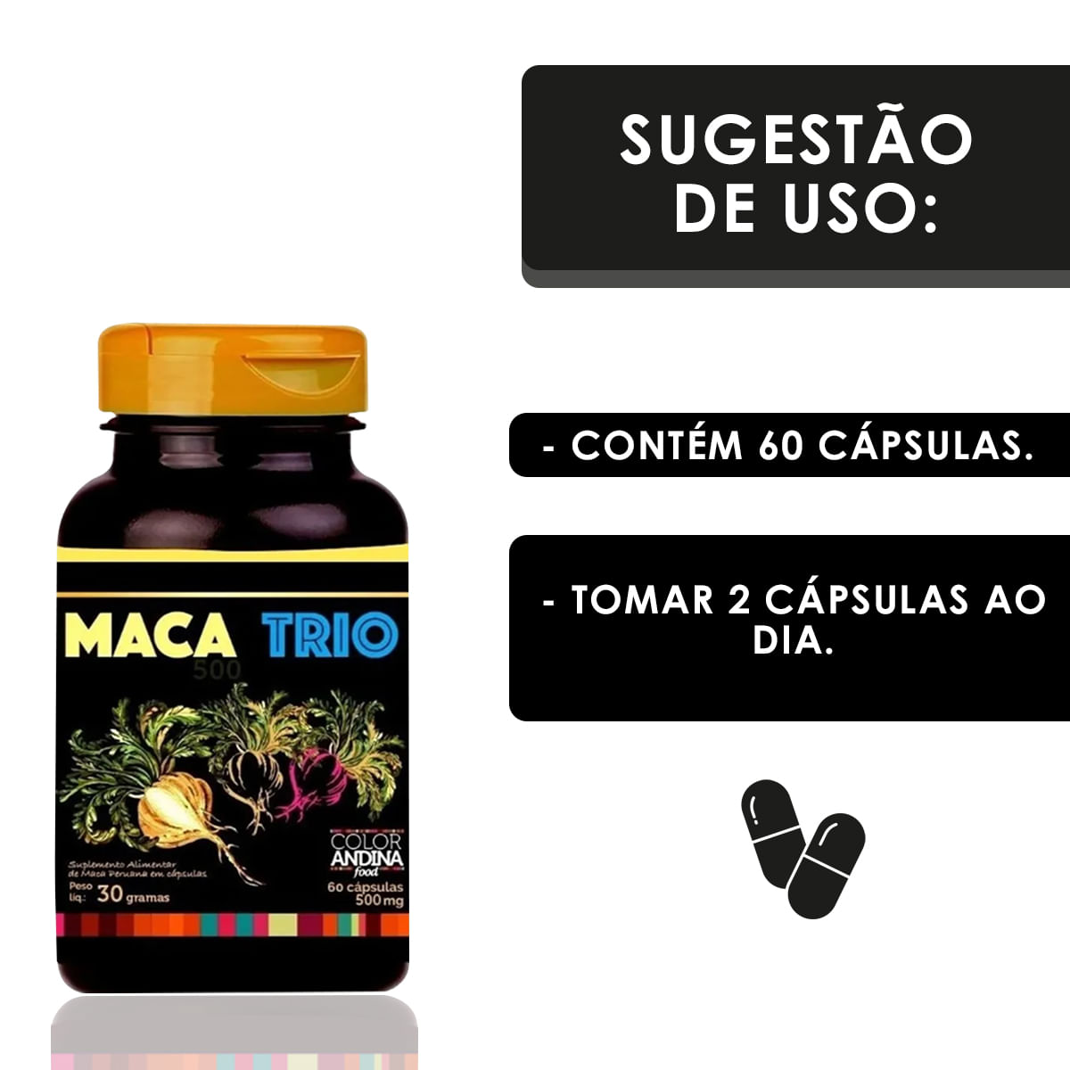 Suplemento Alimentar Trio De Maca 480mg 60 Cápsulas - Color Andina Sem ...