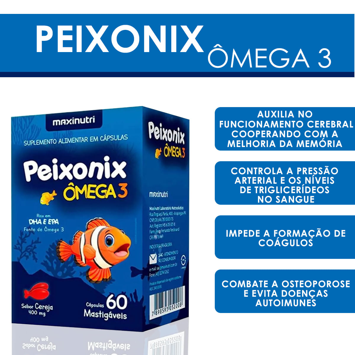 Peixonix Ômega 3 Kids Infantil 400mg 60 Cápsulas Mástigavél Sabor ...