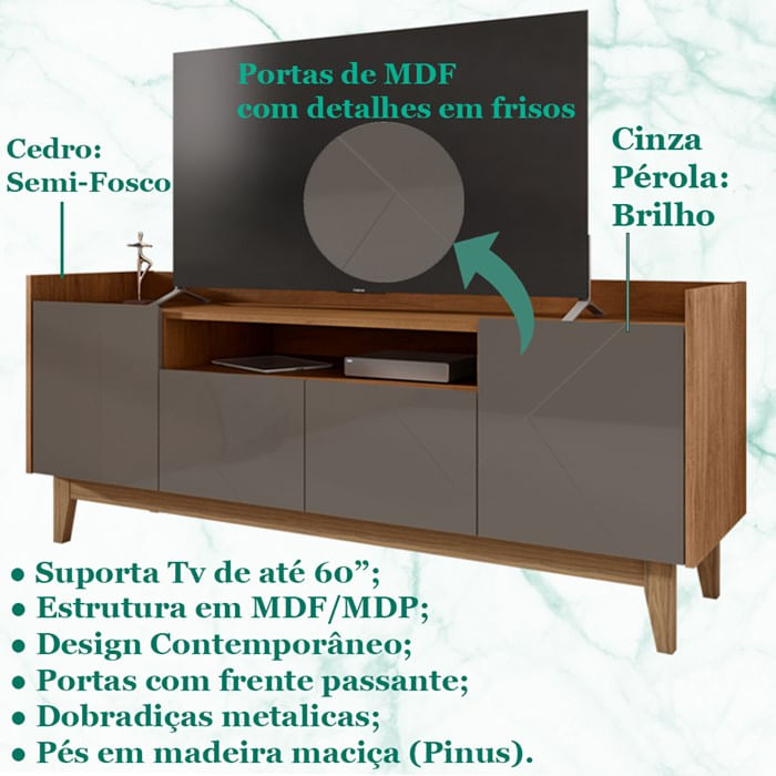 Rack 4 Portas Para Tv 60 Polegadas 011071 Cedro Cinza Perola Dcasa ...