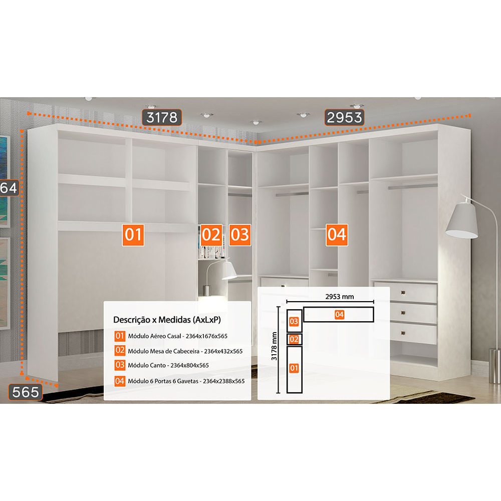 Guarda-roupa Modulado De Casal Safira 003 Em Mdf Com 12 Portas E 7 ...