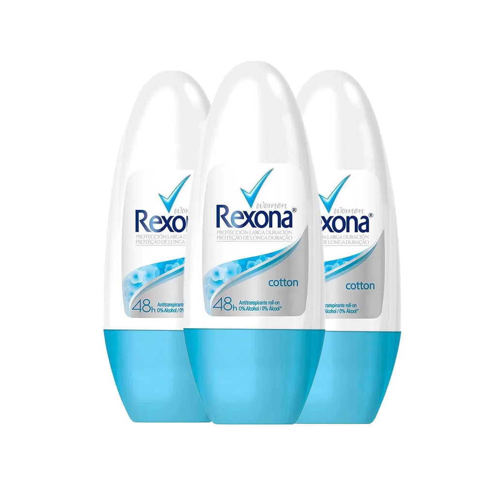 Kit Desodorante Roll On Rexona Cotton 50ml - 3 Unidades - Carrefour