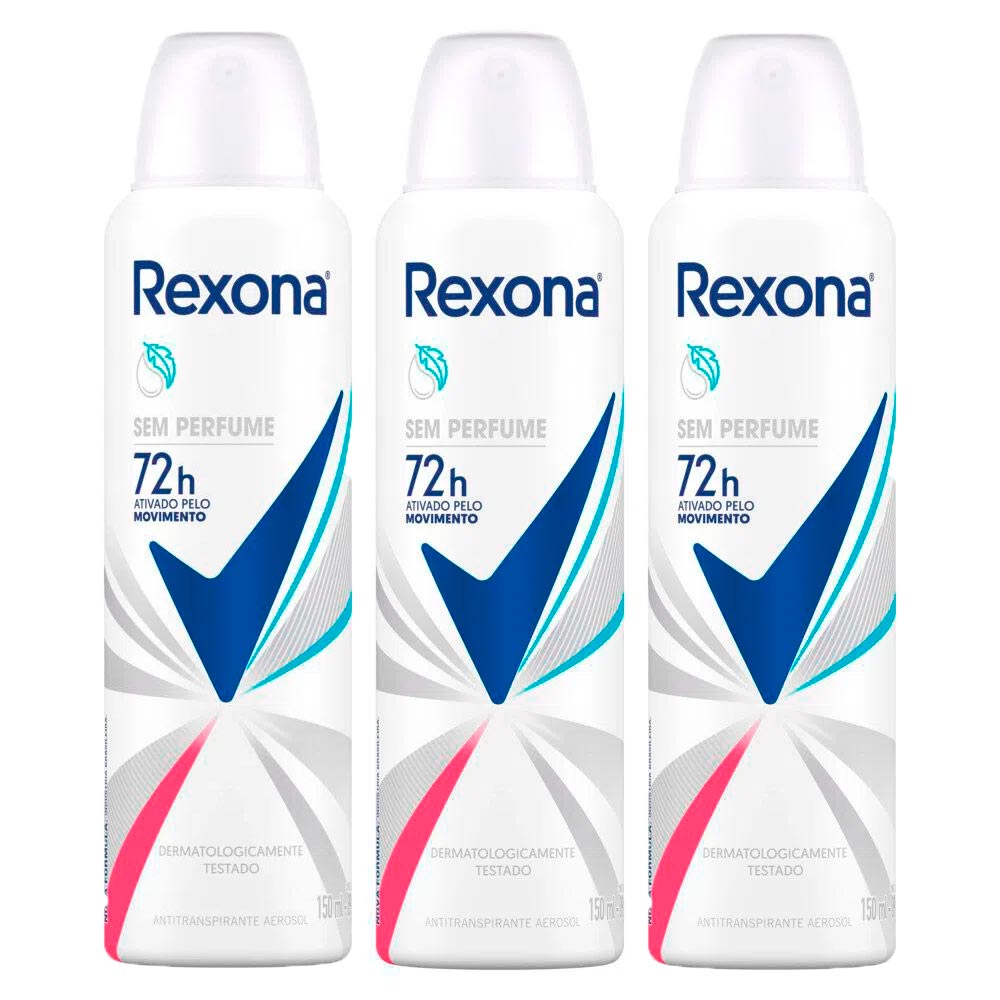 Kit 3 Desodorante Rexona Sem Perfume Aerosol Antitranspirante 72h 150ml ...