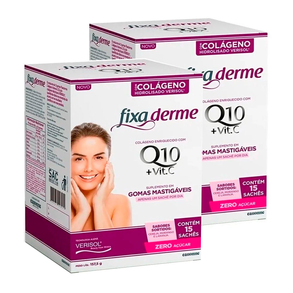 Kit 2 Colágeno Hidrolisado Fixa Derme Q10 + Vit. C Sachê 15 Unidades ...