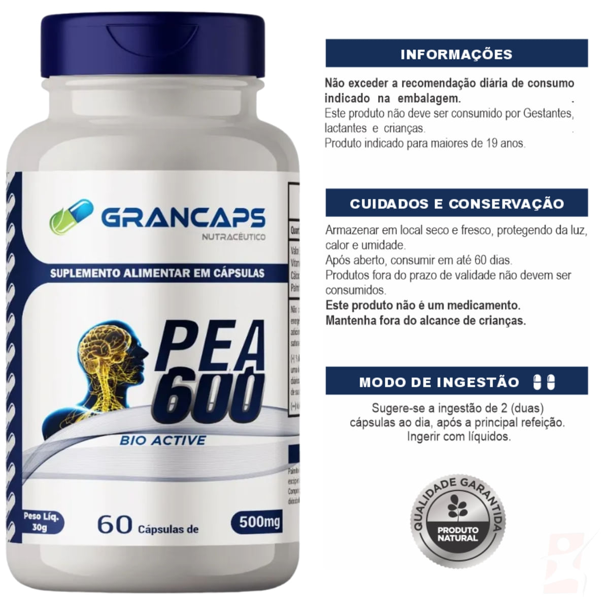 Pea 600 Bio Active Palmitoiletanolamida + Vitamina D + Cálcio 60 ...