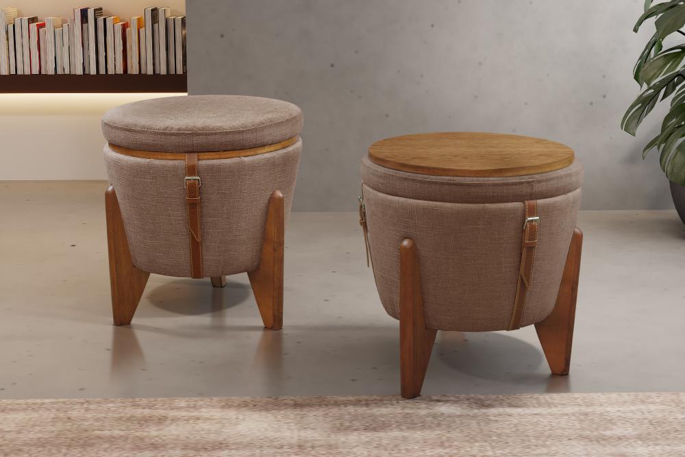 Puff Banqueta Baú Luxo Madeira Maciça Linho Cappuccino - Carrefour
