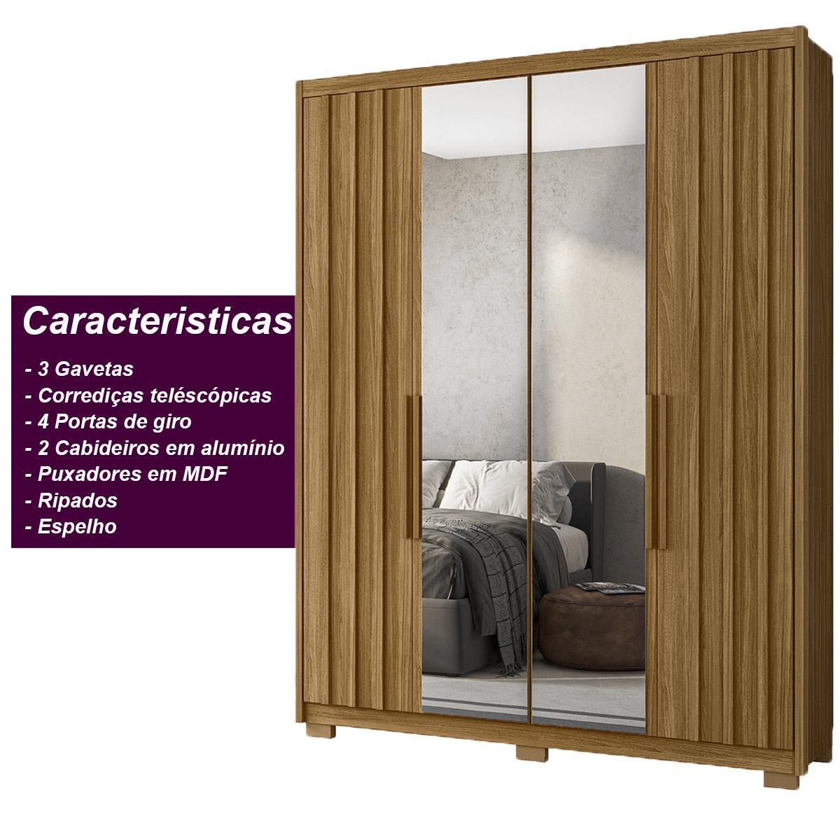 Guarda Roupa Casal 4 Portas Ripado Com Espelho 3 Gavetas Califórnia ...