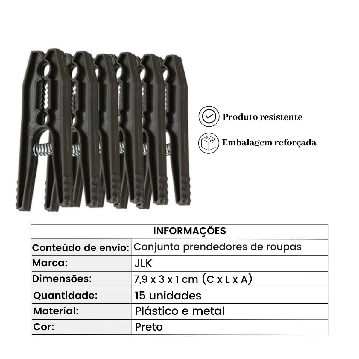 Conjunto Prendedores De Roupas Em Plástico 15 Unidades Preto - Carrefour