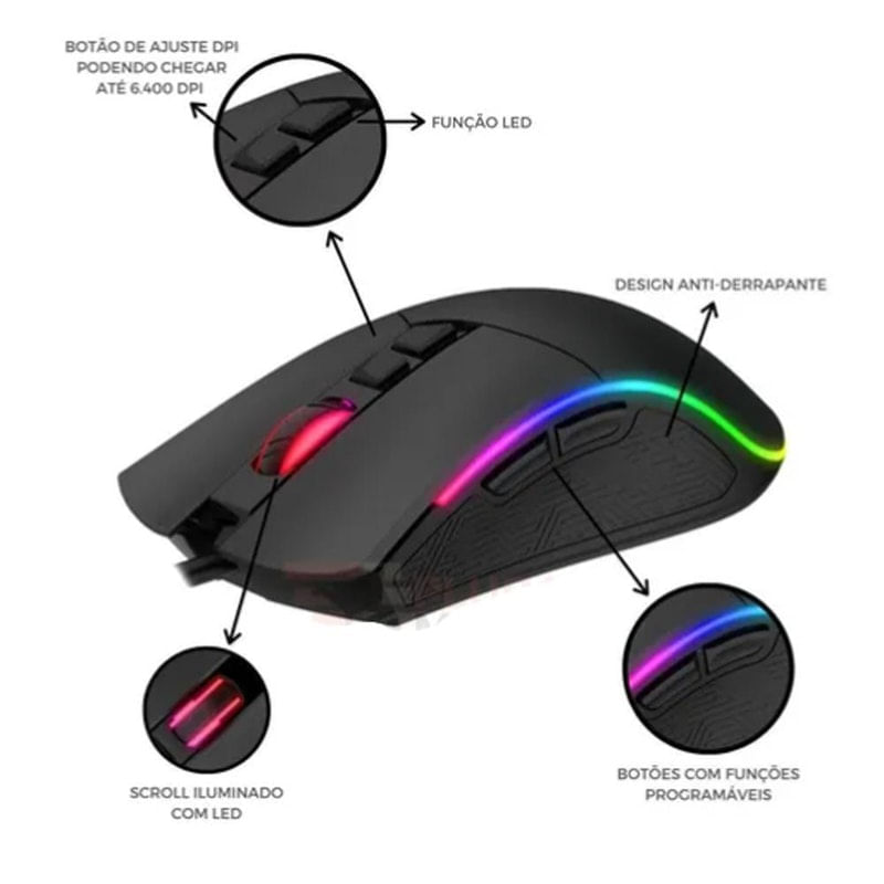 Mouse Gamer Macros Customizáveis Led Rgb 6400 Dpi - Carrefour