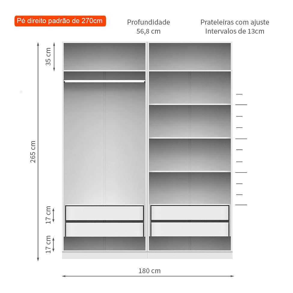 Guarda-roupa Modulado Com Maleiro, Cabideiro E Prateleiras Tuyo 4 Pt ...