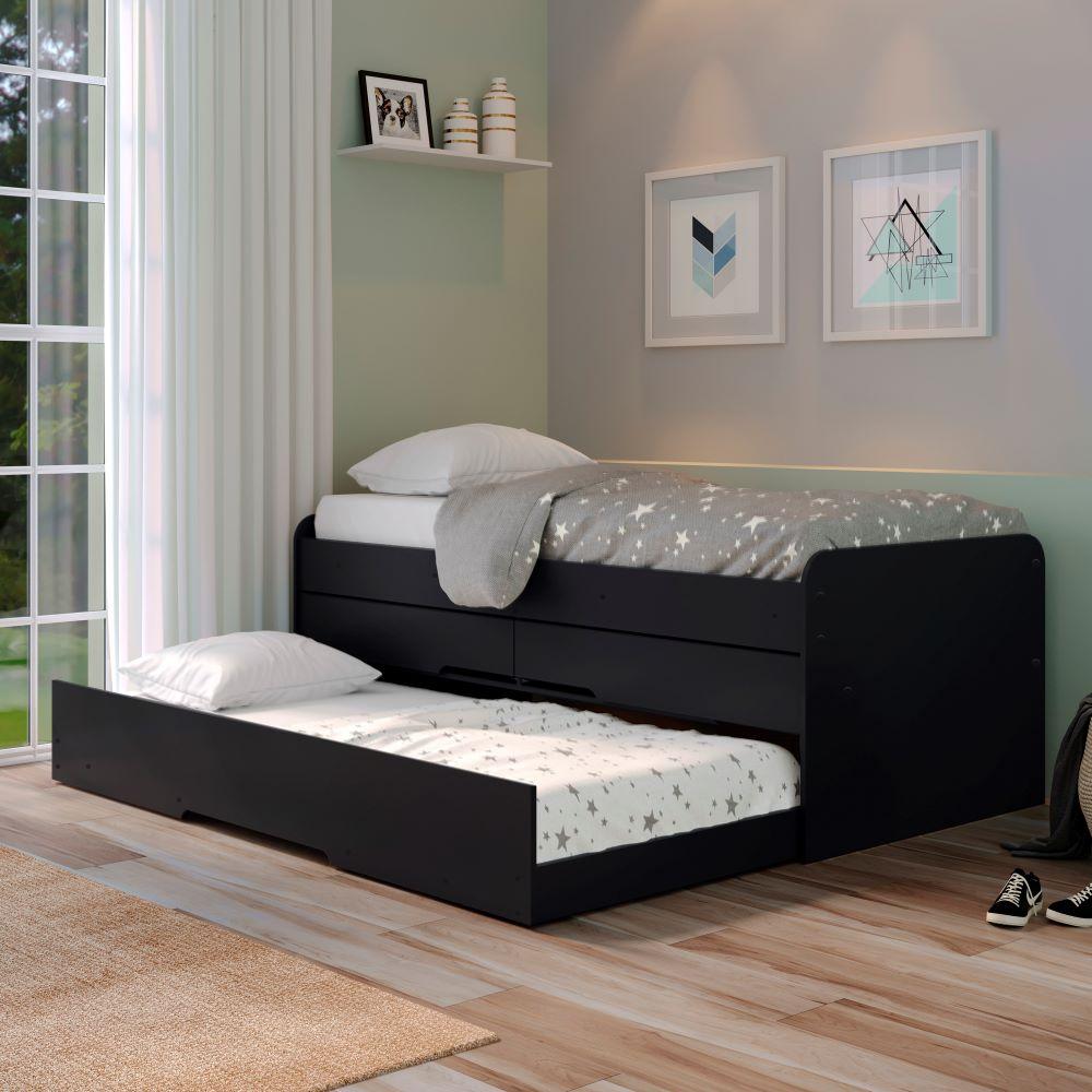 Cama De Solteiro Dupla Mdf Com Bau E 2 Gavetas Juliette Shop Jm Preto ...