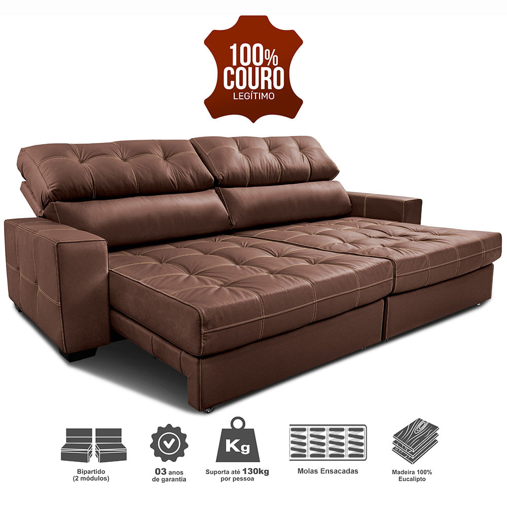 Sofá De Couro Legítimo Retrátil E Reclinável 2,95m Molas Ensacadas Cama Inbox Majesty Caramelo ...