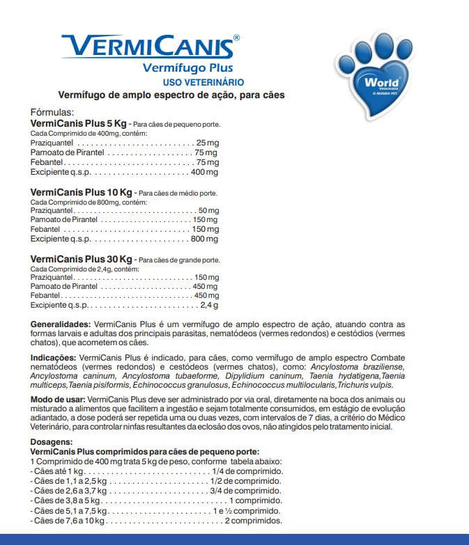 Vermífugo Vermicanis Plus Para Cães De 10kg 4 Comprimidos 800mg World ...