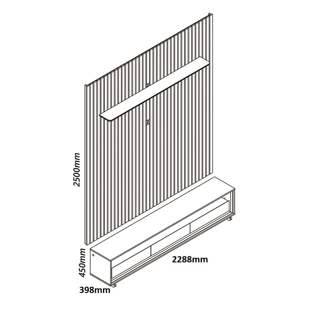 Rack Com Painel Para Tv De Até 85 Polegadas 3 Gavetas Ripado 230cm ...