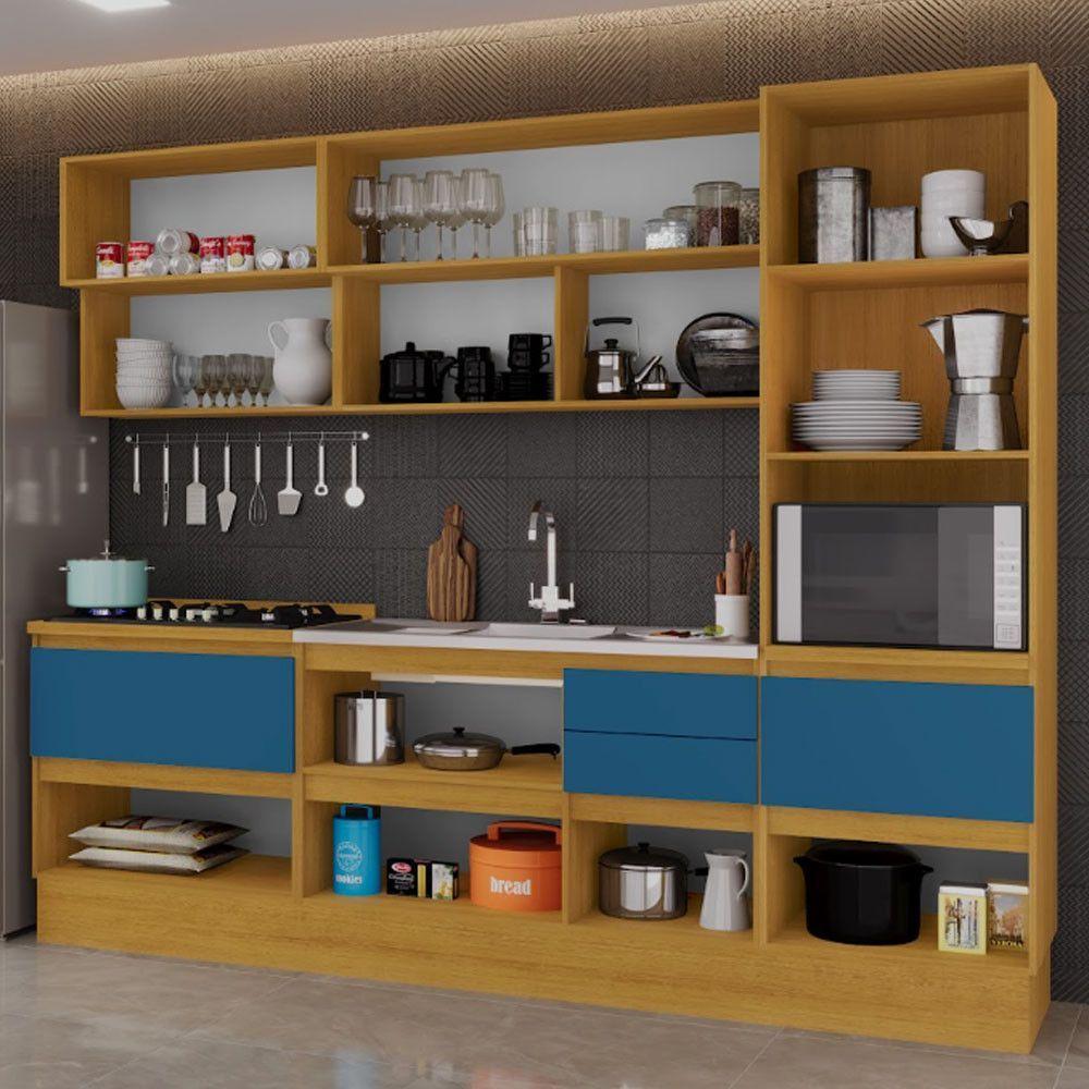 Cozinha Completa Mdf Pilar 5 Peças Cristaleira Cinamomo Com Azul ...