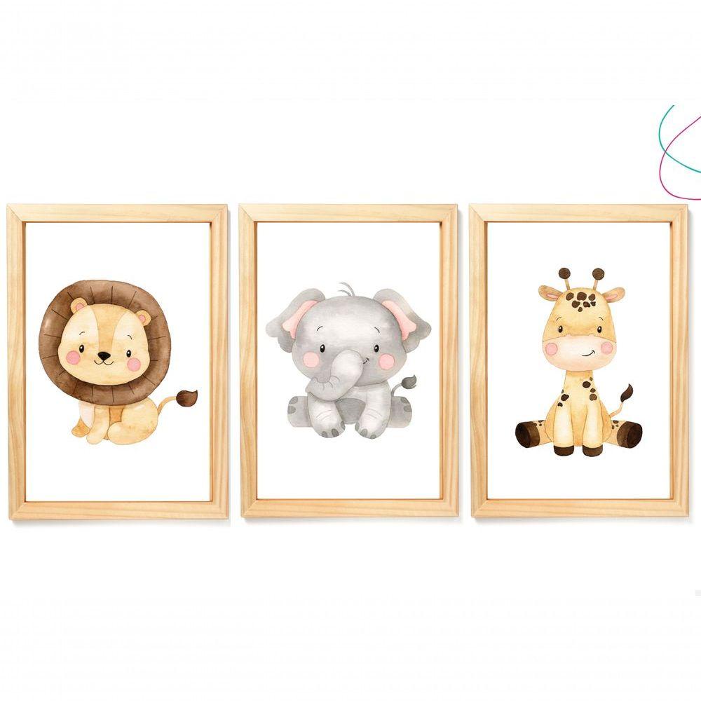 Kit 3 Quadros Decorativos - Safari Aquarela Baby Cor Da Armação:pinus ...