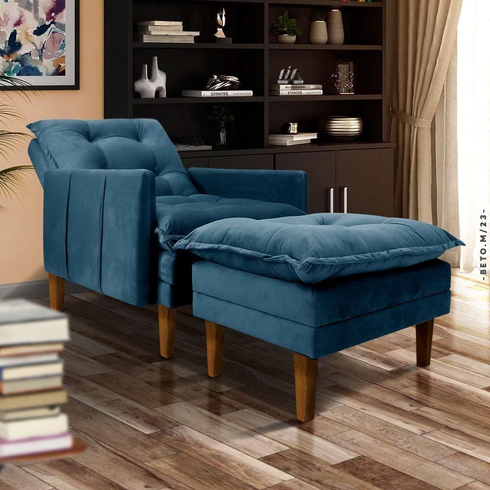 Cadeira De Leitura Reclinável Com Puff Veludo Azul Germain Jm Móveis ...