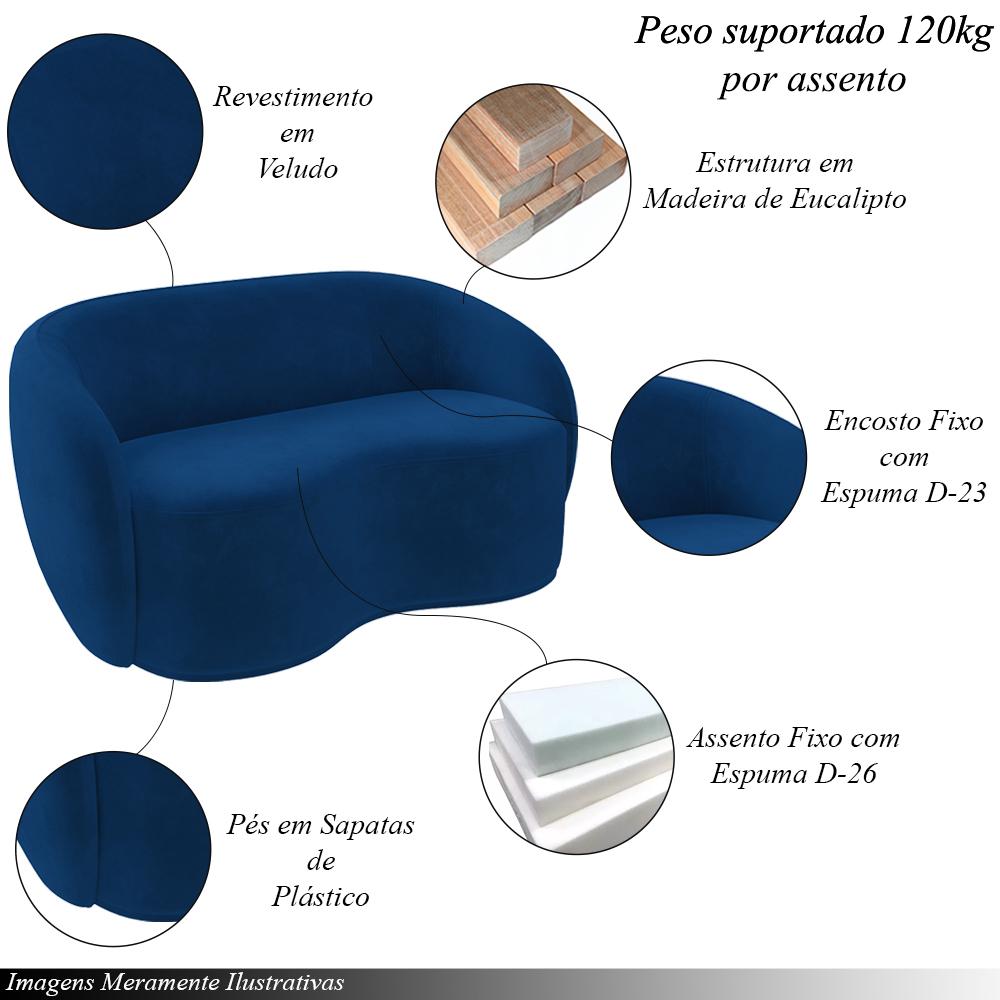 Sofá Living Decorativo 160cm 2 Lugares Íbis Encosto Fixo Veludo Azul ...
