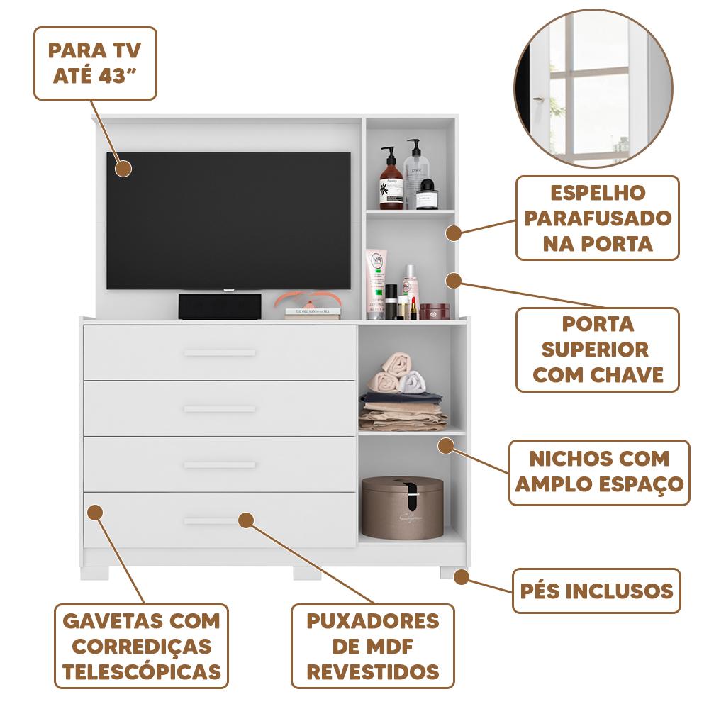 Cômoda Para Tv Até 43 Polegadas 4 Gavetas Branco Íris Shop Jm - Carrefour