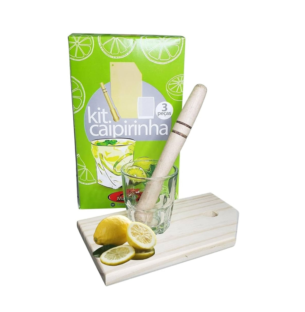 Kit Caipirinha Bar Drinks 3 Peças Copo Vidro, Tábua, Socador - Carrefour