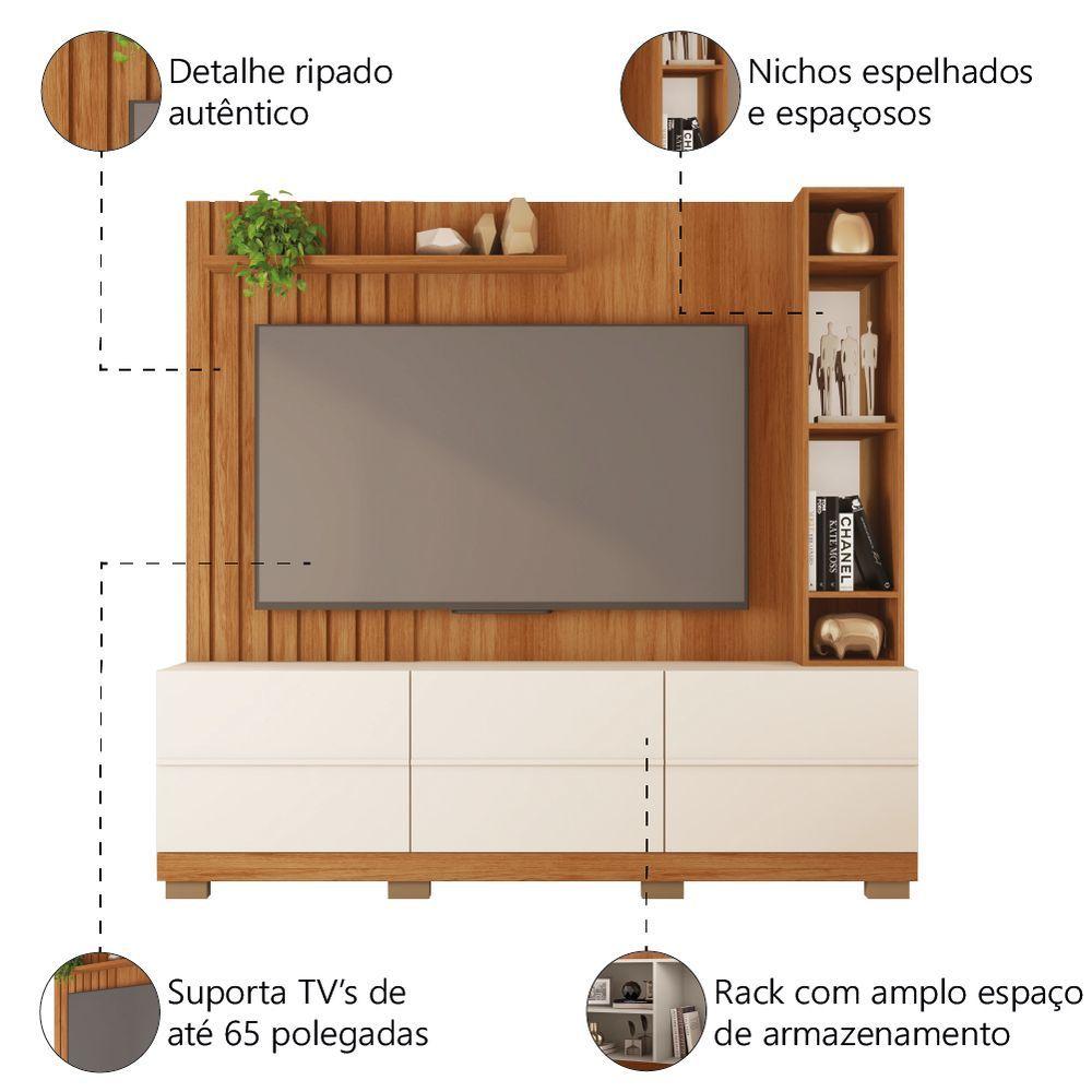 Estante Home Ripada Para Tv Até 65 Polegadas Com Prateleira E Nicho Espelhado Madeirado/off ...
