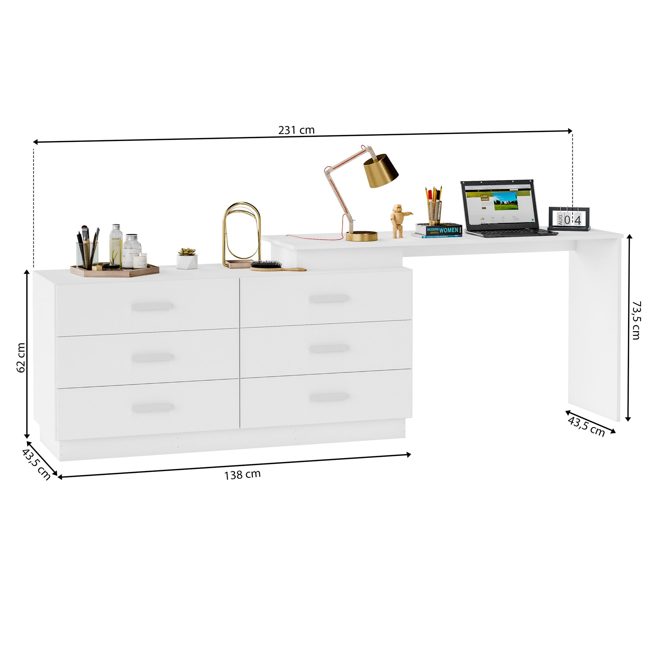 Escrivaninha em L com 6 Gavetas Cômoda Leonie Yescasa Branco - Carrefour