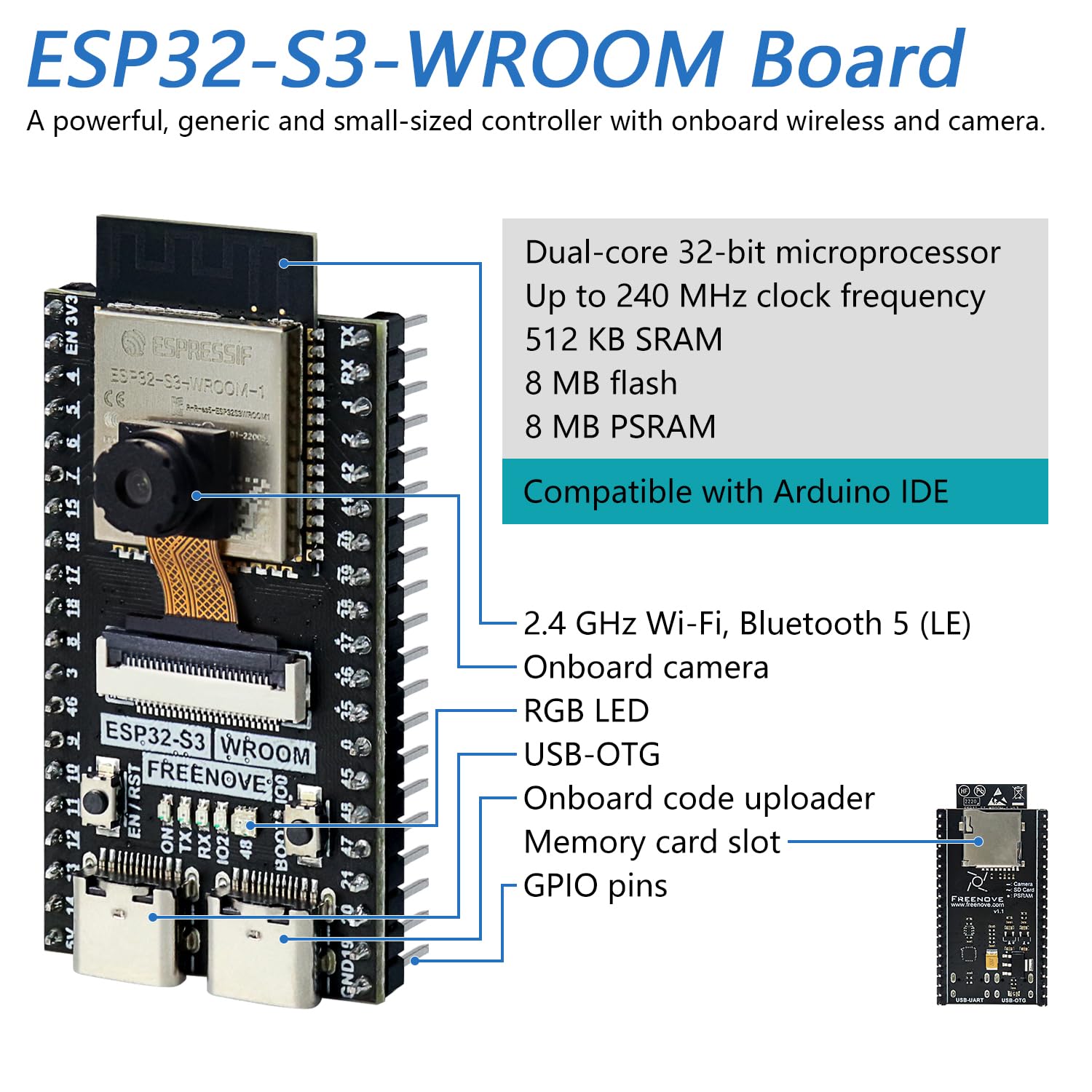 Placa De Desenvolvimento Freenove Esp32-s3-wroom Cam Com Tutorial - Carrefour