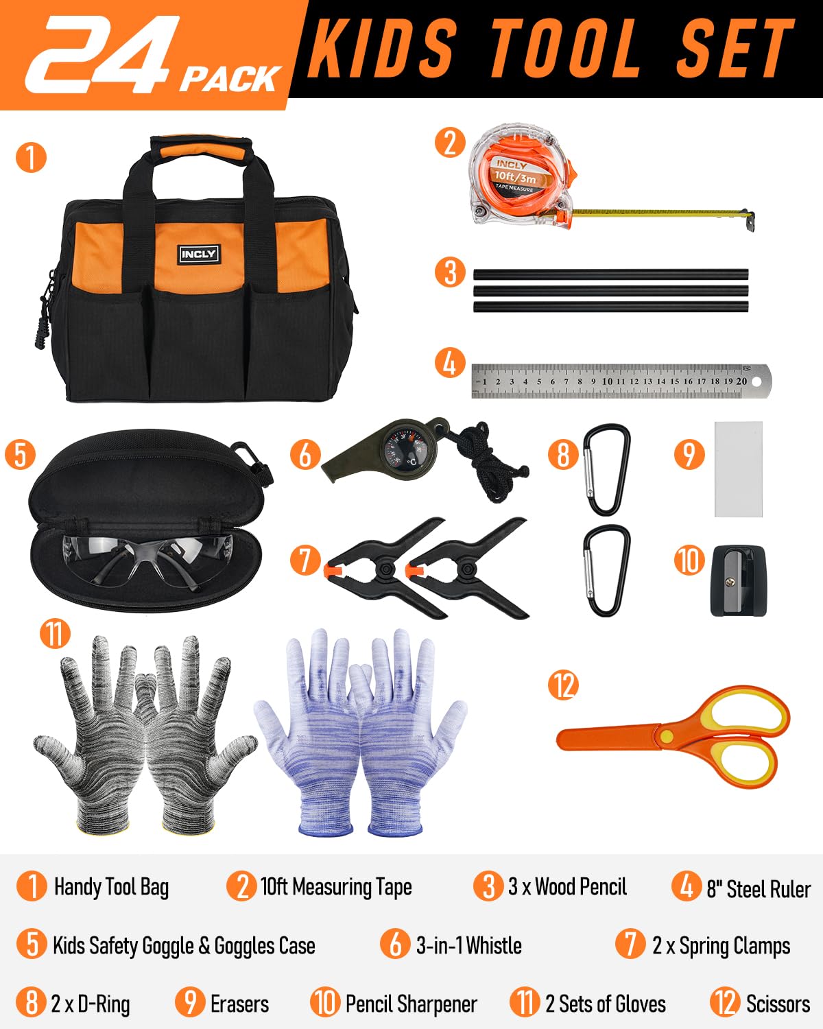 Conjunto De Ferramentas Incly Kids Real, 24 Peças Com Bolsa De ...