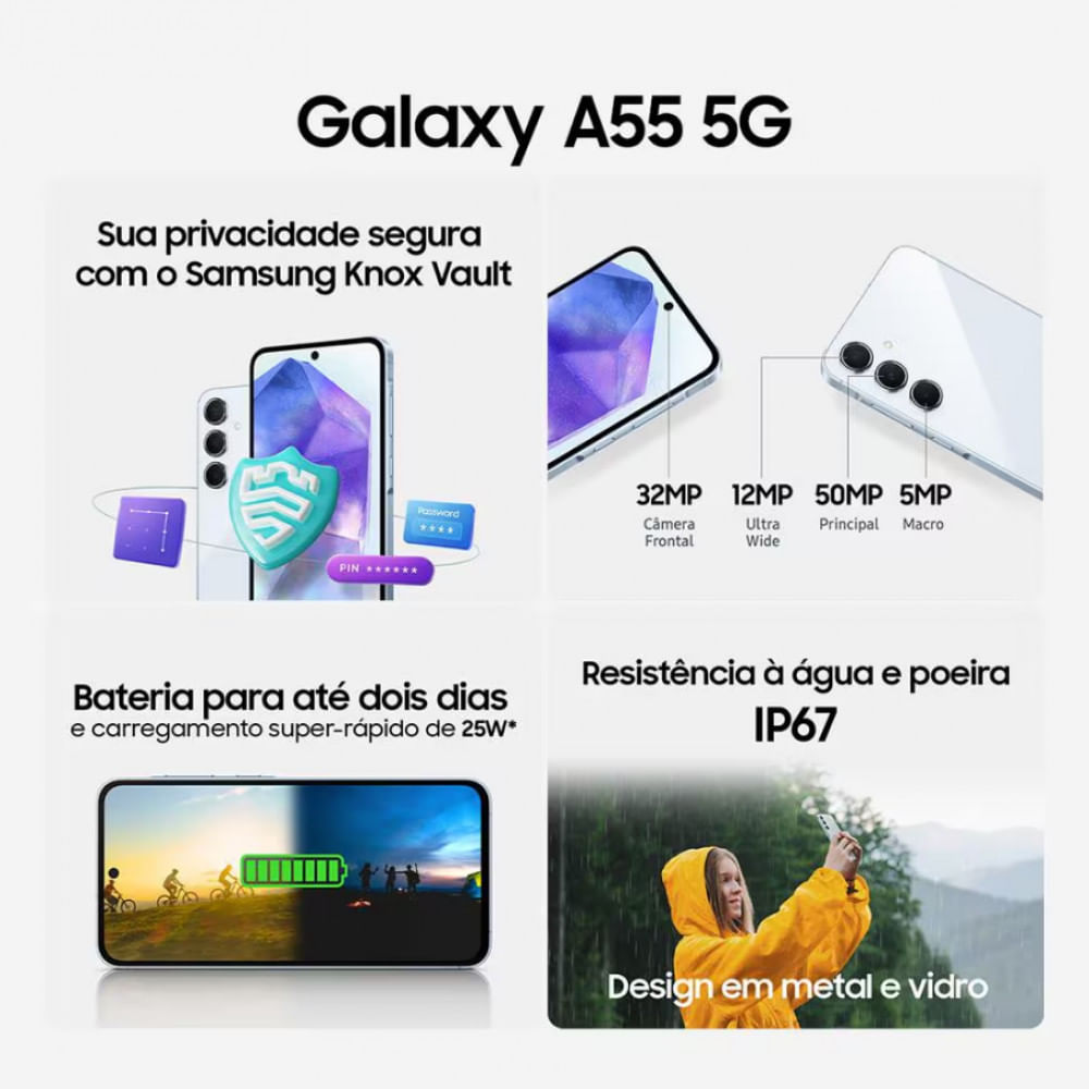 Smartphone Samsung Galaxy A55 5G 256GB 8GB RAM Câmera Tripla Traseira ...