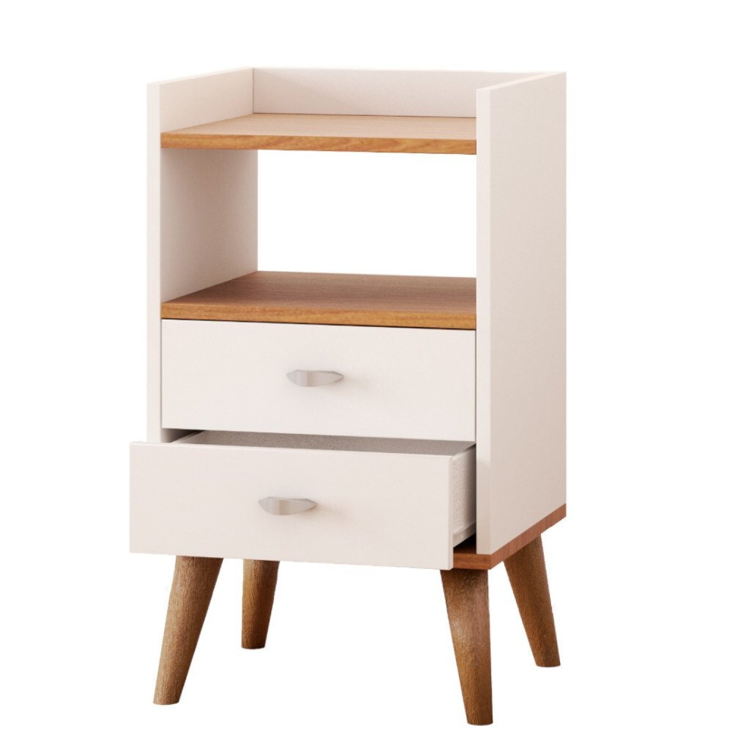 Mesa De Cabeceira Retrô Pés Palito Em Madeira Maciça 2 Gavetas E ...