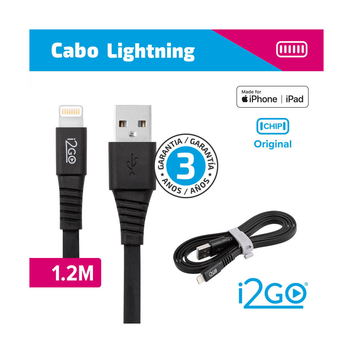Cabo Iphone/Cabo Lightning I2GO Certificado MFi 1,2m 2,4A PVC Flexível ...