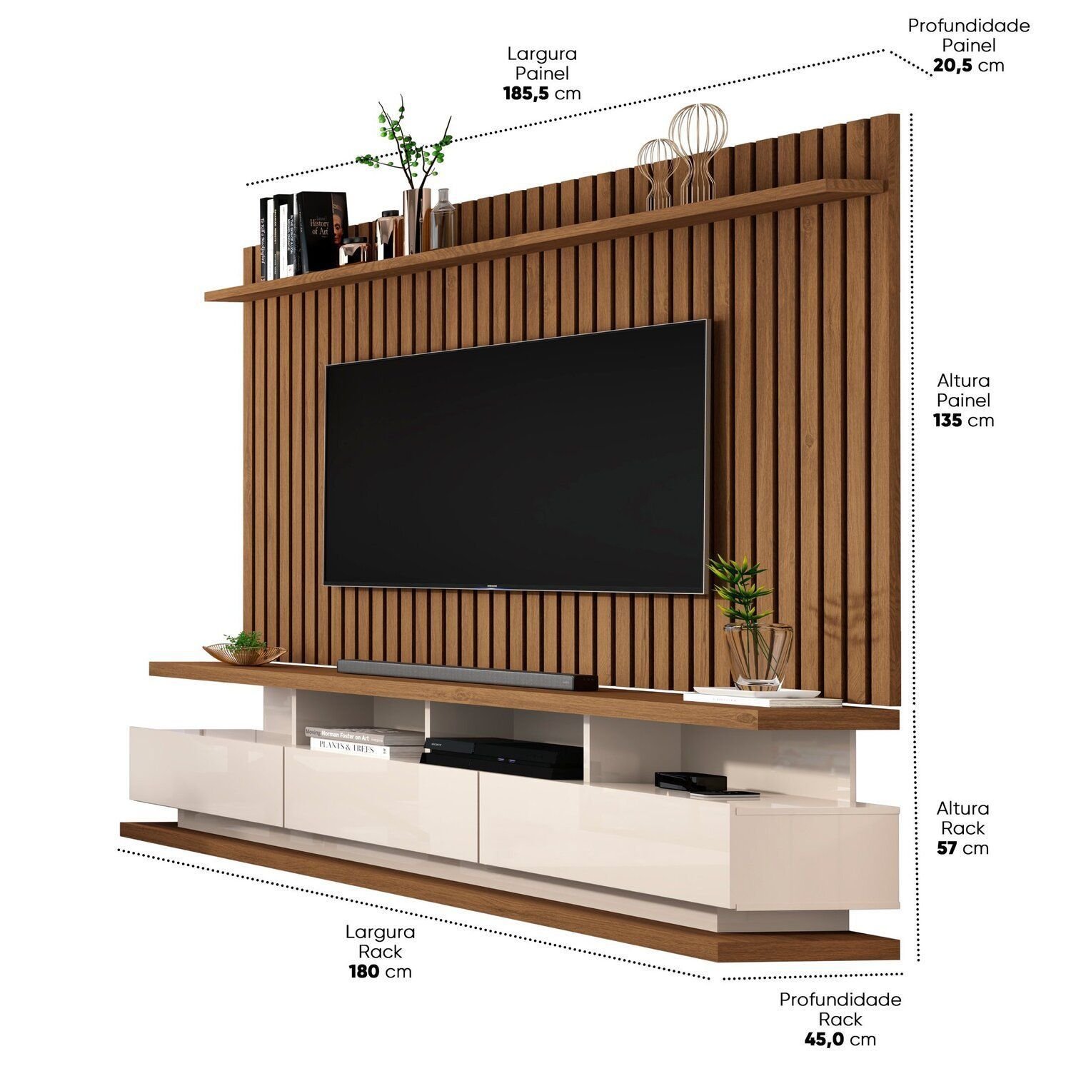 Rack Com Painel Ripado Para Tv Até 72 Polegadas 3 Gavetas E Pés Com Rodízios Vivare Classic Off ...
