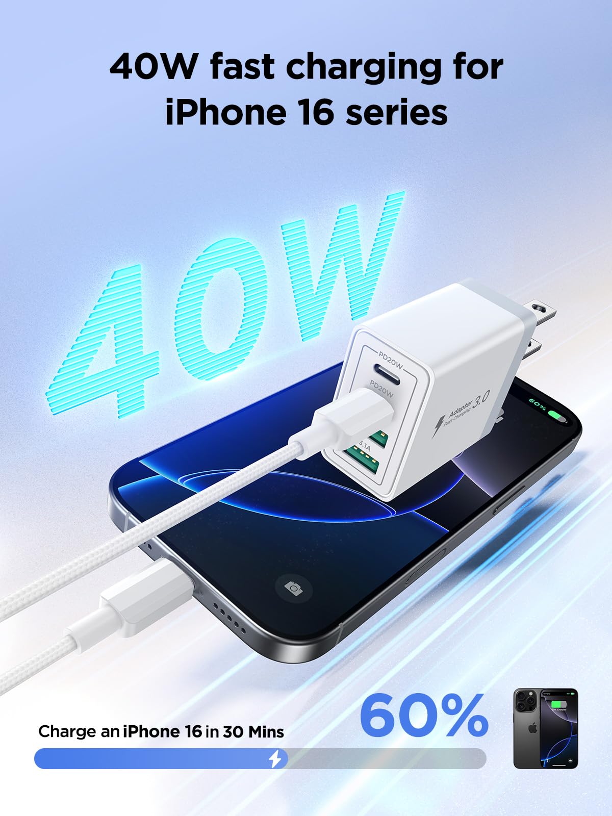 Bloco De Carregador Usb C Aiminu 40 W, 4 Portas Com Cabo Usb De 6 Pés ...