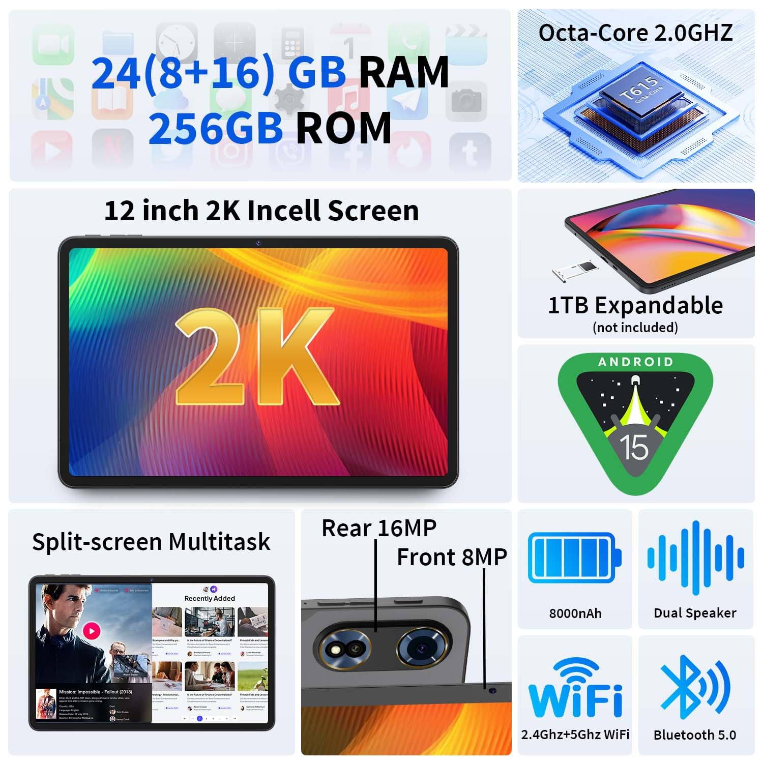 Tablet Qddq 12 Polegadas Android 15 24 Gb Ram 256 Gb Rom 1 Tb Expandir ...