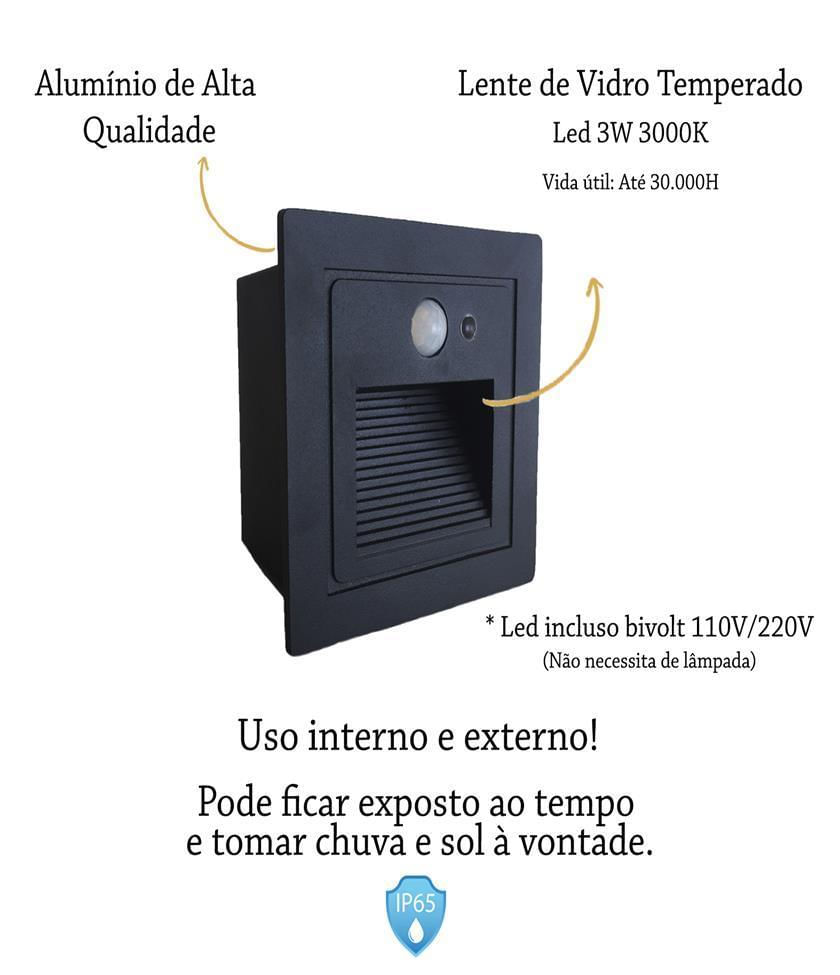 Kit 9 Balizador Parede Led Sensor Presença Embutir Preto - Carrefour