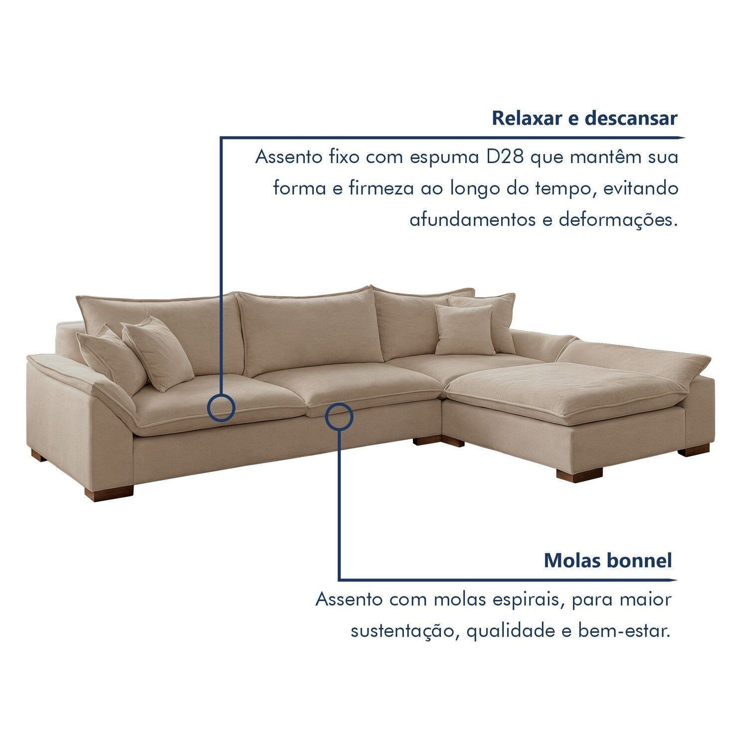 Sofá Modulado Com Chaise Dominique Base Em Madeira Maciça Bege - Carrefour