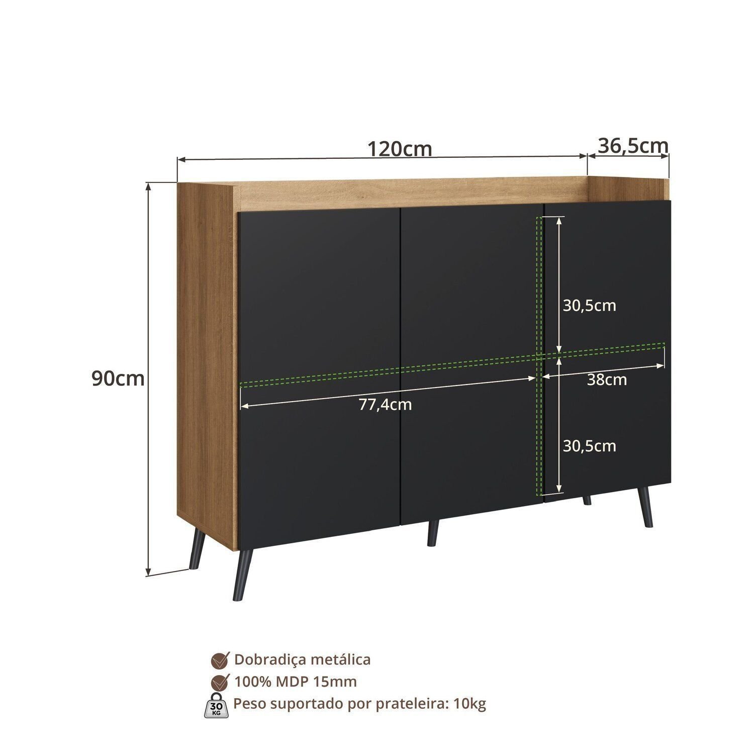 Buffet Aparador Com 3 Portas Ap0012 Preto/mel Mel/preto - Carrefour