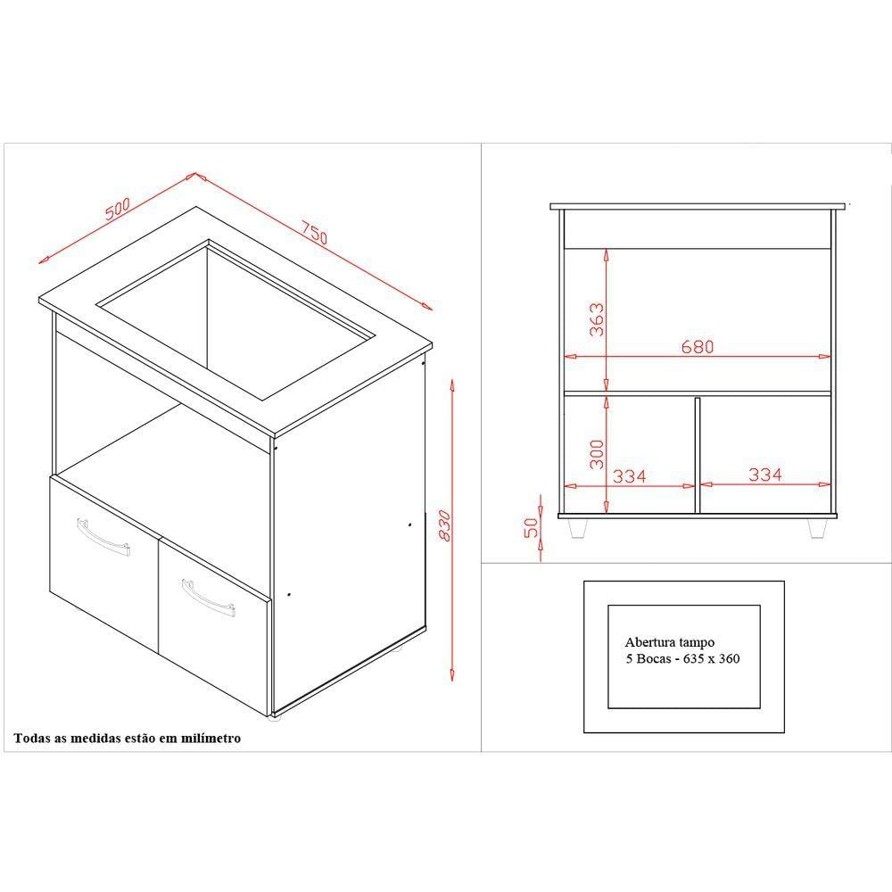 Balcão Cali Para Cooktop 5 Bocas 2 Portas Cozinha Mb1 75cm Cor Branco ...