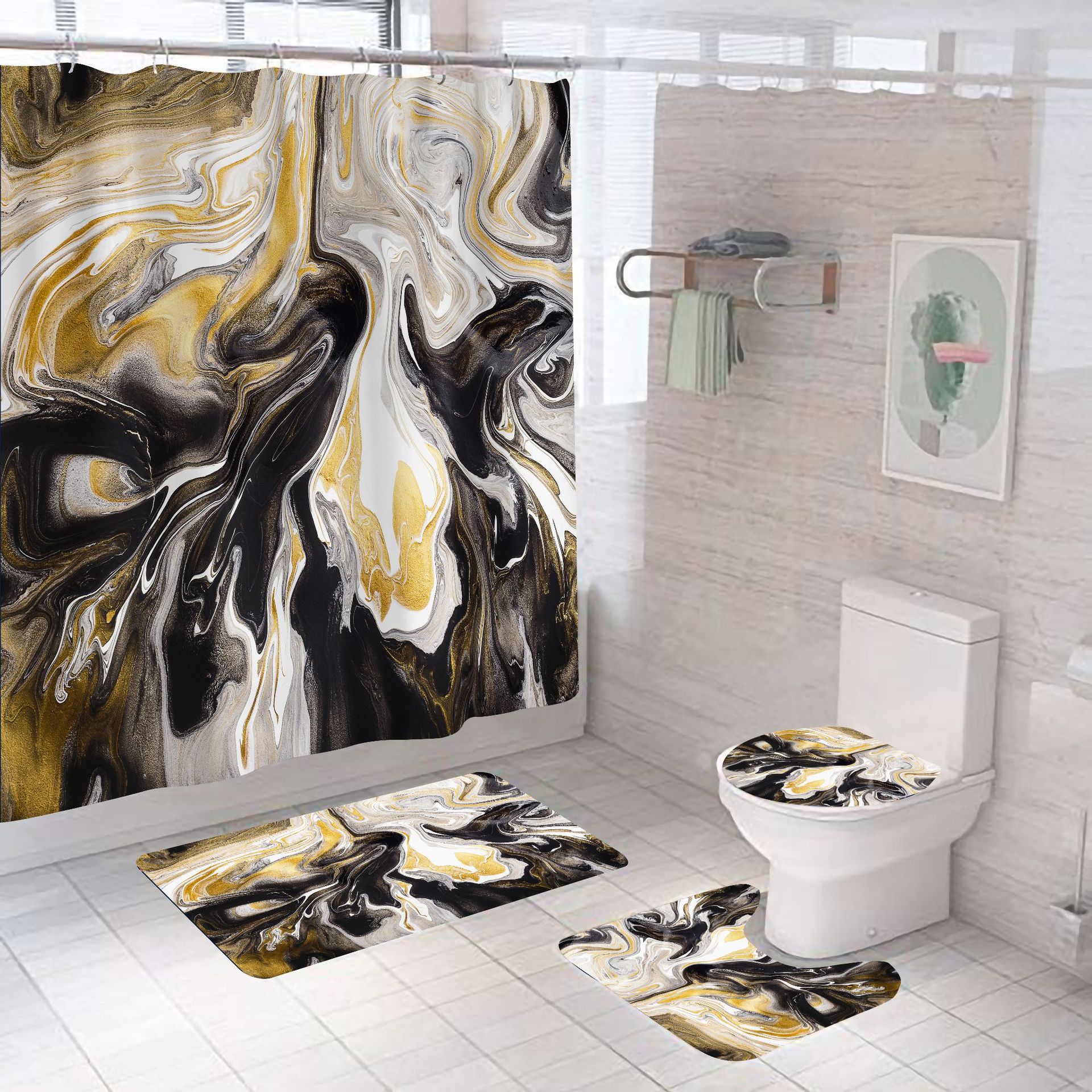 Conjunto De Decoração De Banheiro, Cortina De Chuveiro, Mármore, Tinta ...
