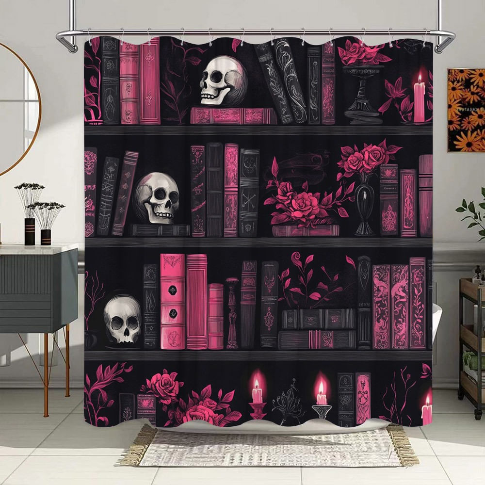 Cortina De Chuveiro Gothic Library Pink Skull And Rose Design - Carrefour