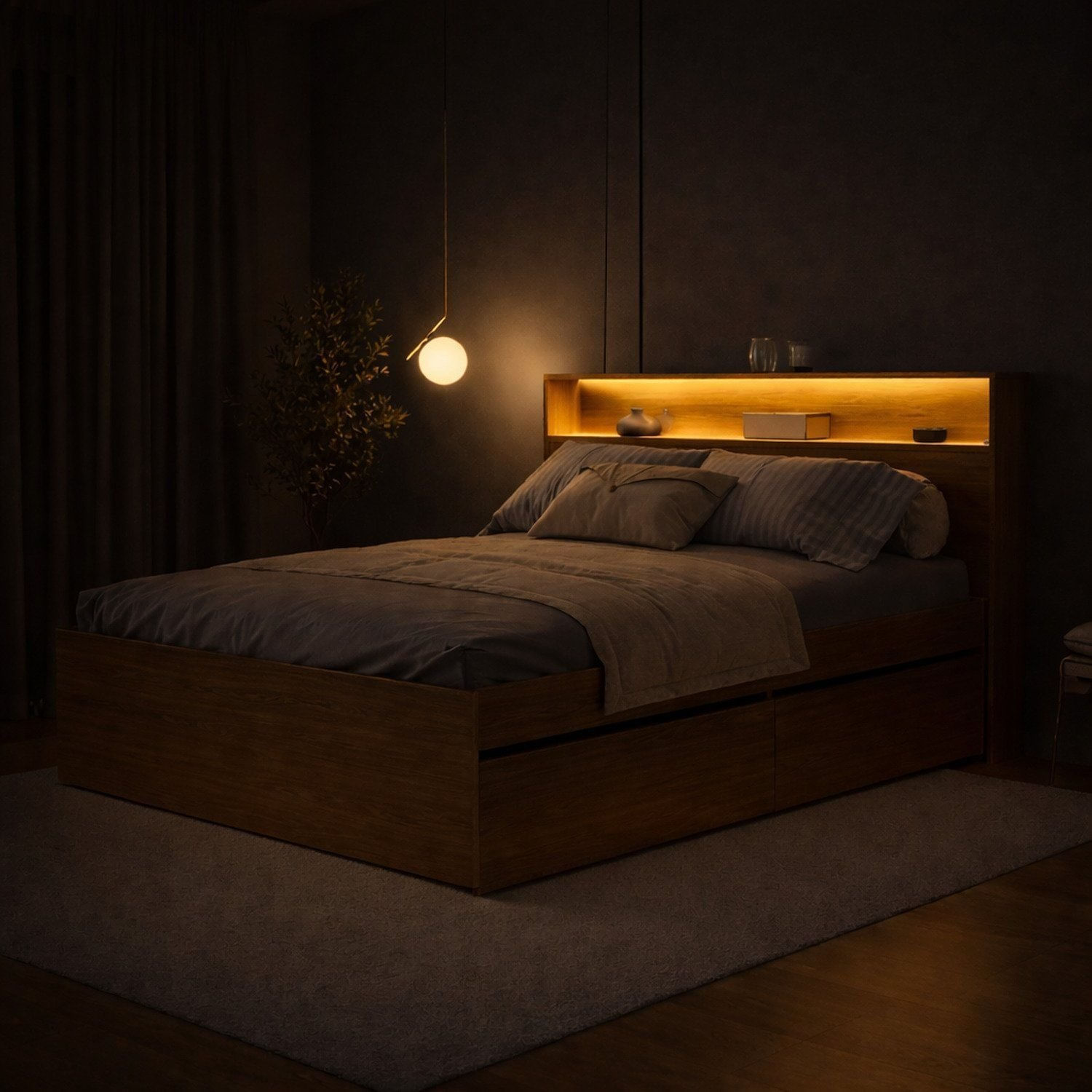 Cama De Casal Mdf 4 Gavetas E Cabeceira Nicho Com Led Aurora Carvalho ...