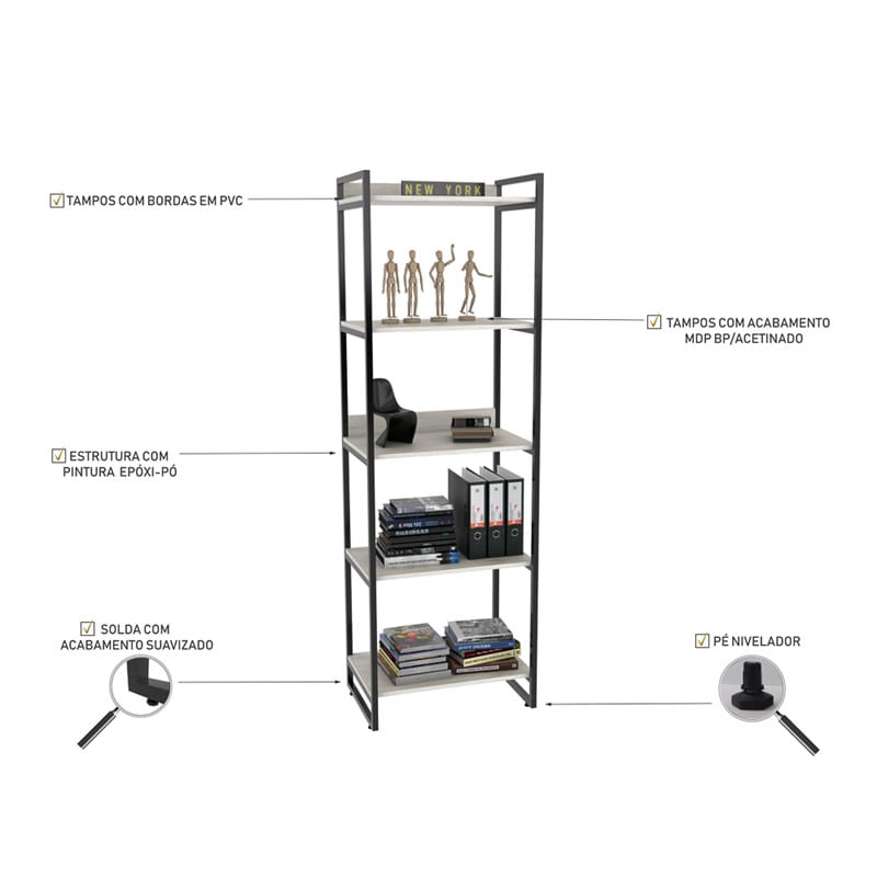 Conjunto Escritório Estilo Industrial Mesa 150x150cm e Estante 60cm 5 ...