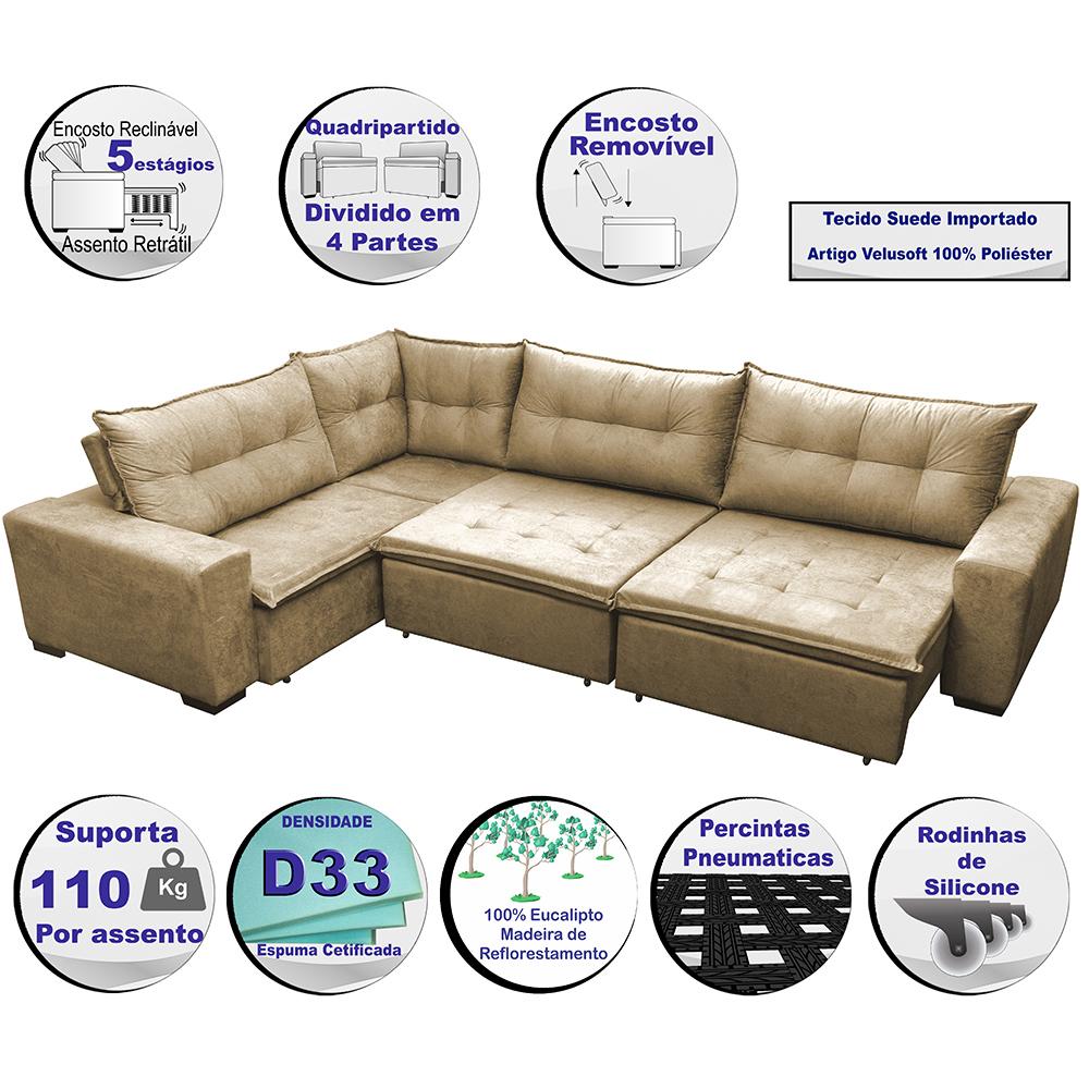 Sofa de Canto Retrátil e Reclinável com Molas Cama inBox Oklahoma 3 ...