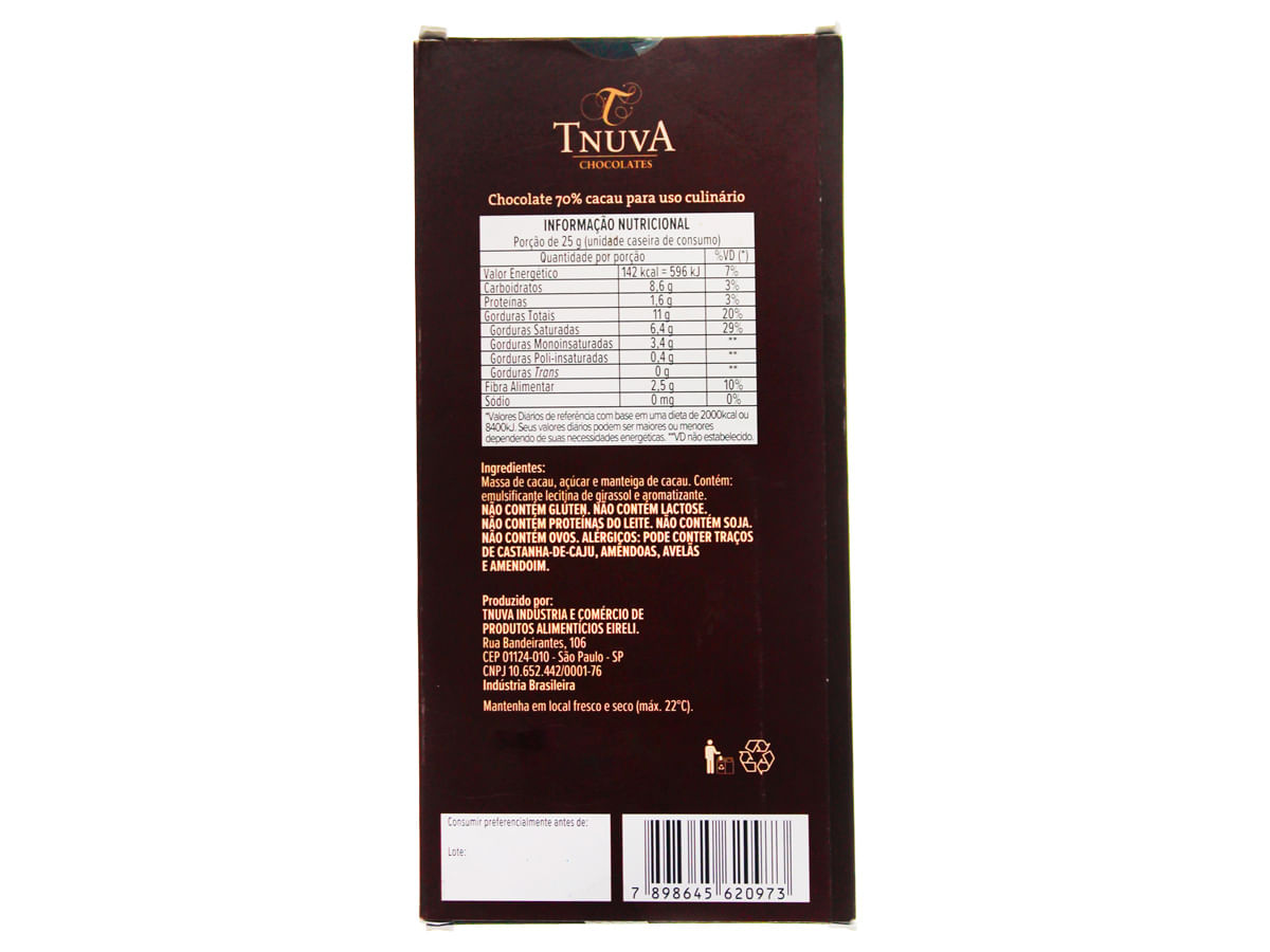 Barra Chocolate 70% Cacau Culinário Sem Glúten Tnuva 200g - Carrefour