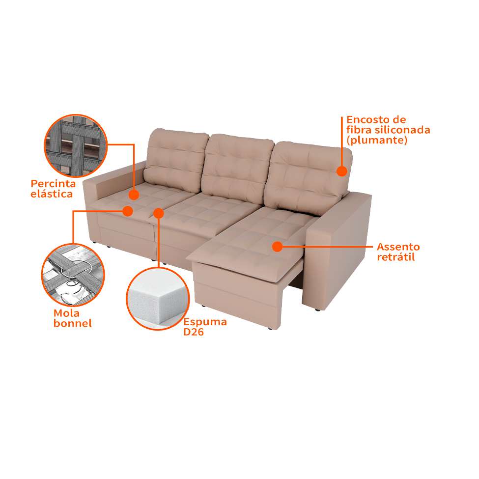 Sofá 3 Lugares Retrátil Lubeck Plush Suede Bege 210 cm - Carrefour
