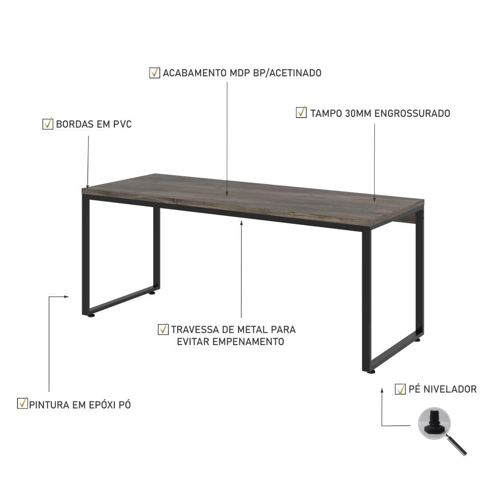 Mesa Kuadra Diretor 180x70x75cm Carvalho Dark / Est.preta - Carrefour