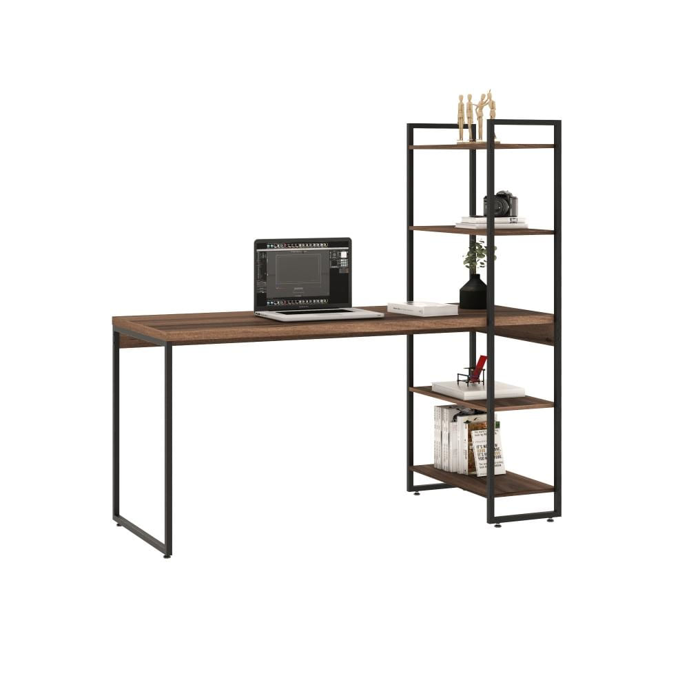 Mesa C/estante Alta 150x64x147cm C/04 Prateleiras Nogal / Est.preta ...